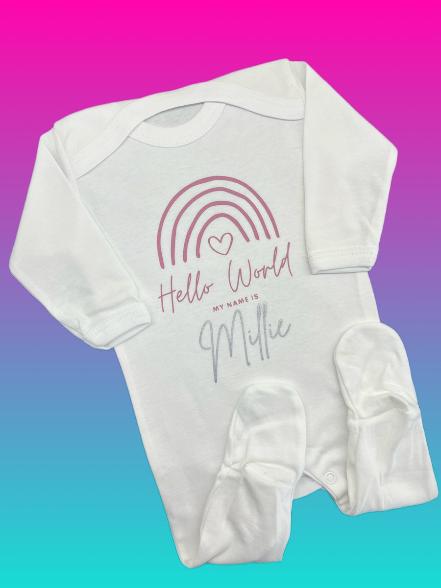 Personalised Hello World Baby Gro – Limitless Embroidery & Printing
